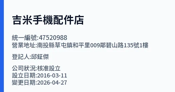 吉米手機配件店的照片-統編 47520988(南投縣) 公司登記資料與營業項目詳細圖表