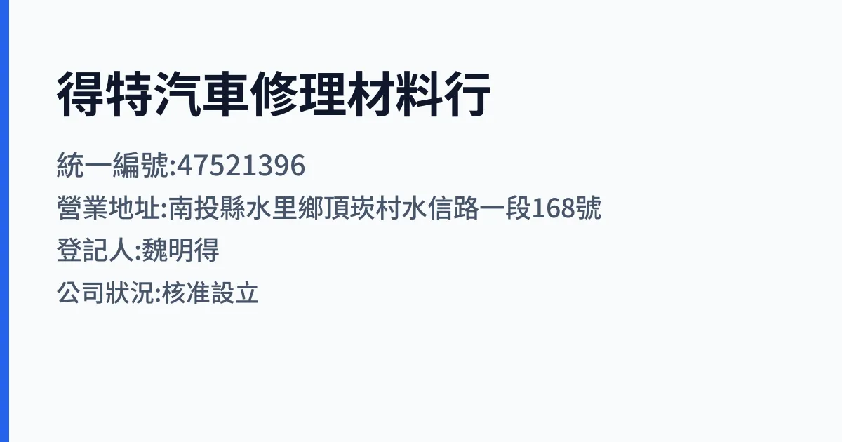 得特汽車修理材料行 - 統編 47521396(南投縣) 公司登記資料與營業項目詳細圖表