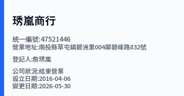 琇嵐商行的照片-統編 47521446(南投縣) 公司登記資料與營業項目詳細圖表