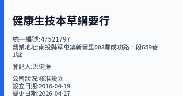 健康生技本草綱要行的照片-統編 47521797(南投縣) 公司登記資料與營業項目詳細圖表