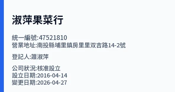 淑萍果菜行的照片-統編 47521810(南投縣) 公司登記資料與營業項目詳細圖表