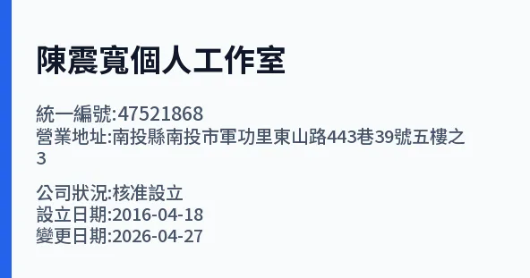 陳震寬個人工作室的照片-統編 47521868(南投縣) 公司登記資料與營業項目詳細圖表