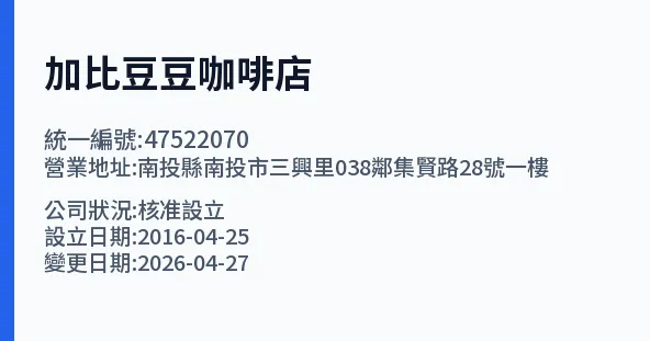 加比豆豆咖啡店的照片-統編 47522070(南投縣) 公司登記資料與營業項目詳細圖表