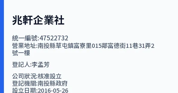 兆軒企業社的照片-統編 47522732(南投縣) 公司登記資料與營業項目詳細圖表