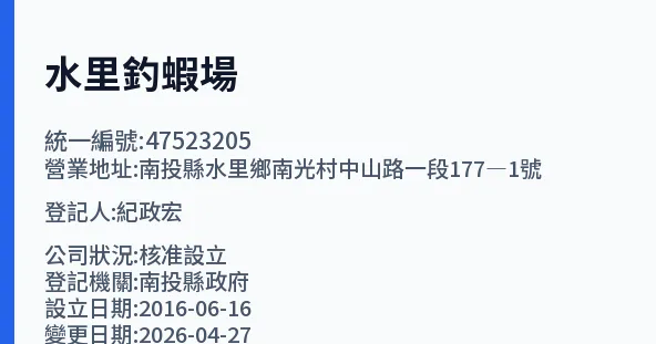 水里釣蝦場的照片-統編 47523205(南投縣) 公司登記資料與營業項目詳細圖表