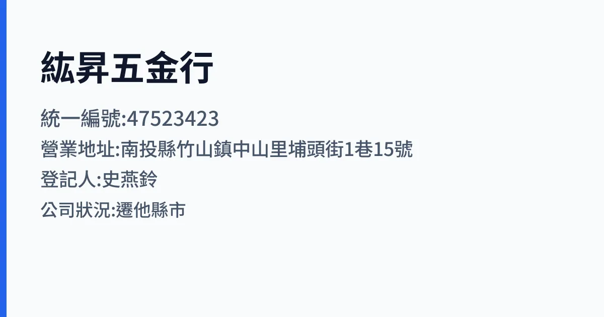 紘昇五金行 - 統編 47523423(新北市) 公司登記資料與營業項目詳細圖表