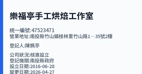 樂福亭手工烘焙工作室的照片-統編 47523471(南投縣) 公司登記資料與營業項目詳細圖表