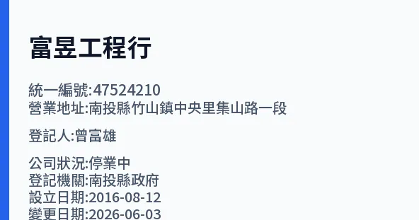 富昱工程行的照片-統編 47524210(南投縣) 公司登記資料與營業項目詳細圖表