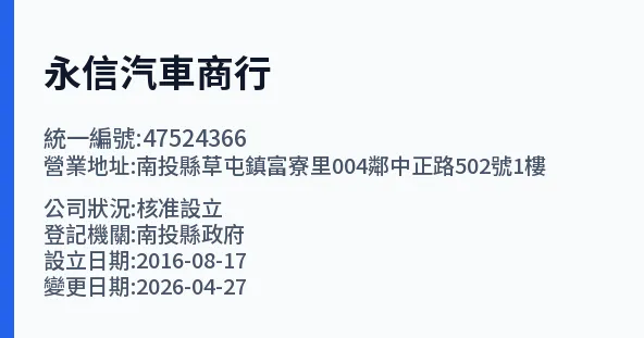 永信汽車商行的照片-統編 47524366(南投縣) 公司登記資料與營業項目詳細圖表
