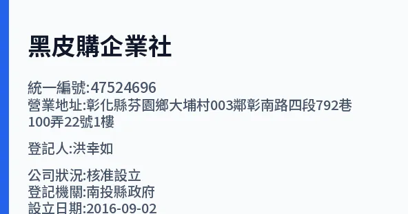 黑皮購企業社的照片-統編 47524696(彰化縣) 公司登記資料與營業項目詳細圖表
