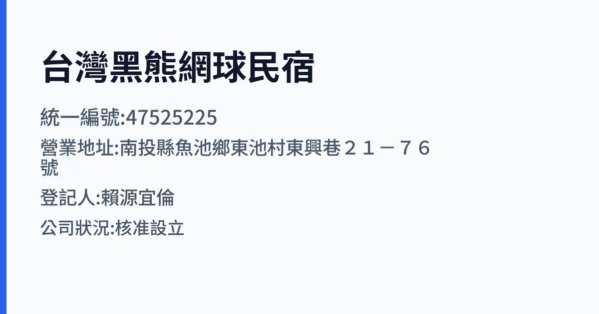 台灣黑熊網球民宿 - 統編 47525225(南投縣) 公司登記資料與營業項目詳細圖表