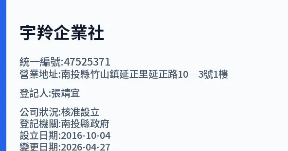 宇羚企業社的照片-統編 47525371(南投縣) 公司登記資料與營業項目詳細圖表