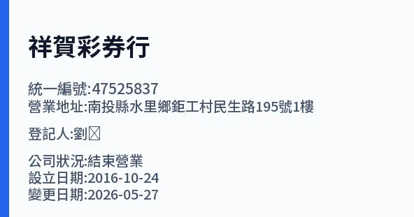 祥賀彩券行的照片-統編 47525837(南投縣) 公司登記資料與營業項目詳細圖表