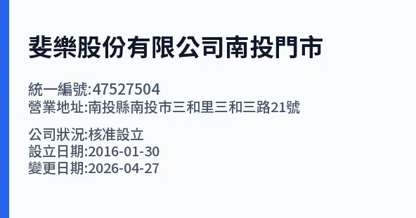 斐樂股份有限公司南投門市的照片-統編 47527504(南投縣) 公司登記資料與營業項目詳細圖表