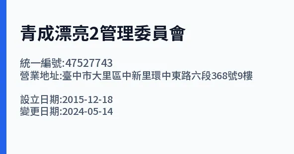 青成漂亮2管理委員會的照片-統編 47527743(臺中市) 公司登記資料與營業項目詳細圖表