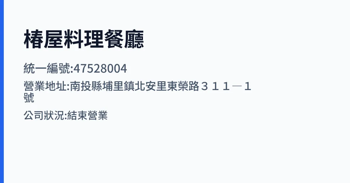 椿屋料理餐廳 - 統編 47528004(南投縣) 公司登記資料與營業項目詳細圖表