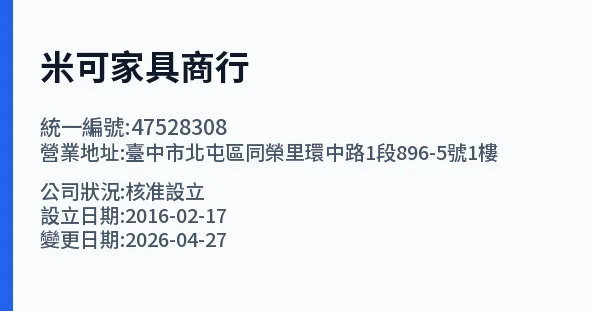 米可家具商行的照片-統編 47528308(臺中市) 公司登記資料與營業項目詳細圖表
