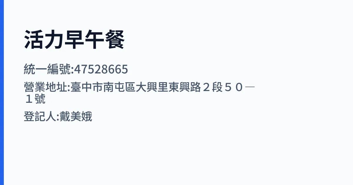 活力早午餐 - 統編 47528665(臺中市) 公司登記資料與營業項目詳細圖表