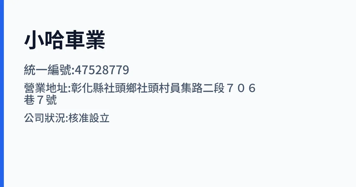 小哈車業 - 統編 47528779(彰化縣) 公司登記資料與營業項目詳細圖表