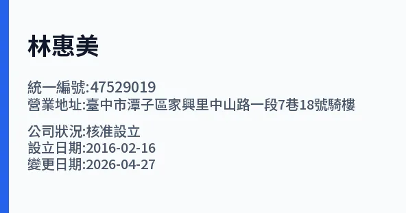 林惠美的照片-統編 47529019(臺中市) 公司登記資料與營業項目詳細圖表