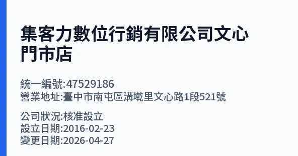 集客力數位行銷有限公司文心門市店的照片-統編 47529186(臺中市) 公司登記資料與營業項目詳細圖表
