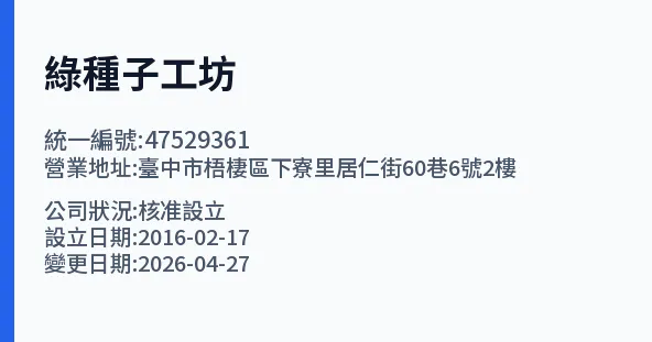 綠種子工坊的照片-統編 47529361(臺中市) 公司登記資料與營業項目詳細圖表