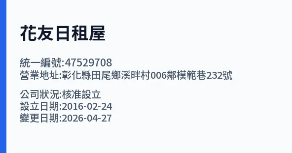 花友日租屋的照片-統編 47529708(彰化縣) 公司登記資料與營業項目詳細圖表
