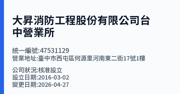 大昇消防工程股份有限公司台中營業所的照片-統編 47531129(臺中市) 公司登記資料與營業項目詳細圖表