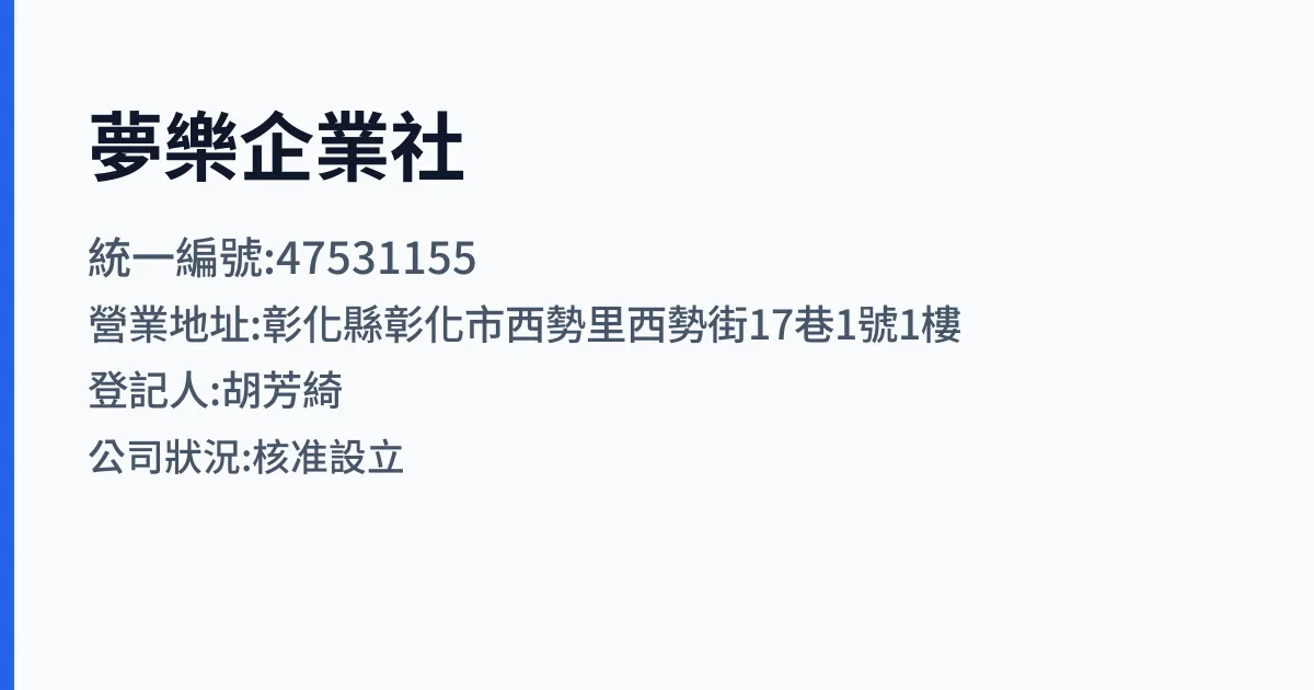 夢樂企業社 - 統編 47531155(彰化縣) 公司登記資料與營業項目詳細圖表