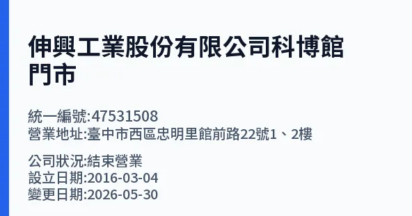 伸興工業股份有限公司科博館門市的照片-統編 47531508(臺中市) 公司登記資料與營業項目詳細圖表