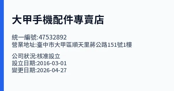 大甲手機配件專賣店的照片-統編 47532892(臺中市) 公司登記資料與營業項目詳細圖表