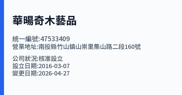 華暘奇木藝品的照片-統編 47533409(南投縣) 公司登記資料與營業項目詳細圖表