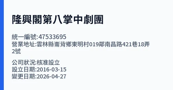 隆興閣第八掌中劇團的照片-統編 47533695(雲林縣) 公司登記資料與營業項目詳細圖表
