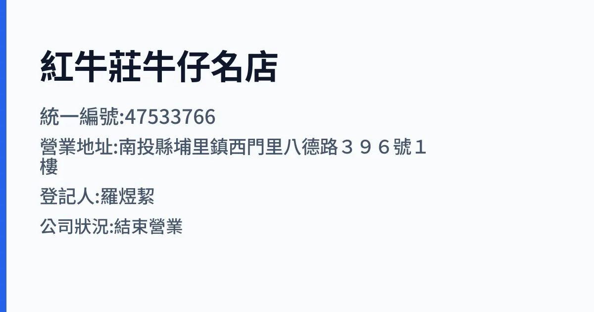 紅牛莊牛仔名店 - 統編 47533766(南投縣) 公司登記資料與營業項目詳細圖表