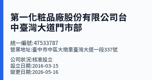 第一化粧品廠股份有限公司台中臺灣大道門市部的照片-統編 47533787(臺中市) 公司登記資料與營業項目詳細圖表
