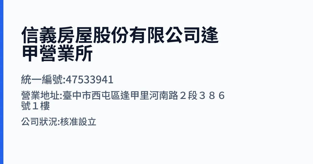 信義房屋股份有限公司逢甲營業所 - 統編 47533941(臺中市) 公司登記資料與營業項目詳細圖表