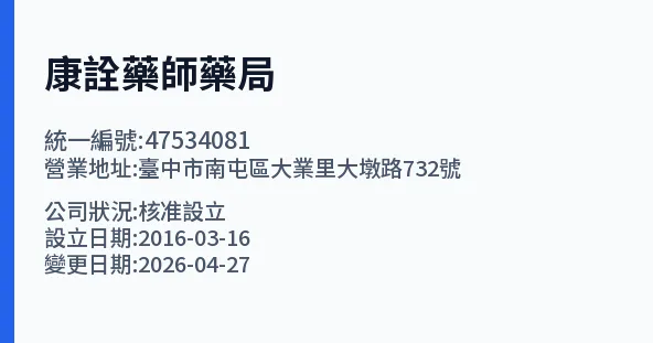 康詮藥師藥局的照片-統編 47534081(臺中市) 公司登記資料與營業項目詳細圖表