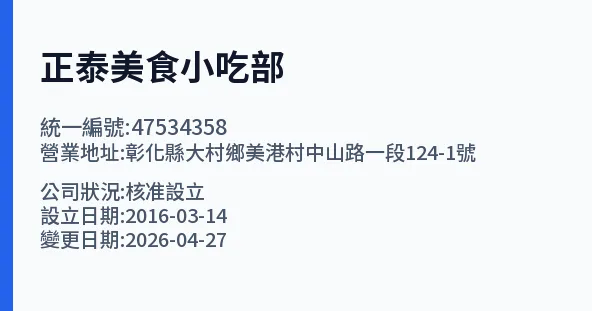 正泰美食小吃部的照片-統編 47534358(彰化縣) 公司登記資料與營業項目詳細圖表