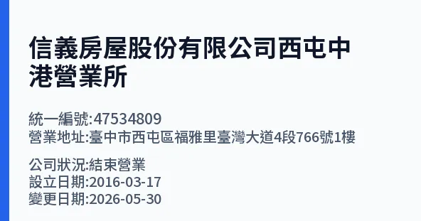 信義房屋股份有限公司西屯中港營業所的照片-統編 47534809(臺中市) 公司登記資料與營業項目詳細圖表