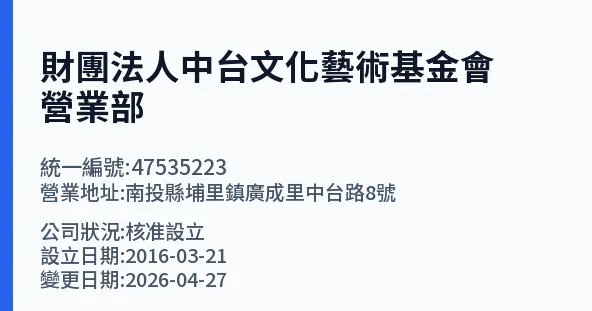 財團法人中台文化藝術基金會營業部的照片-統編 47535223(南投縣) 公司登記資料與營業項目詳細圖表