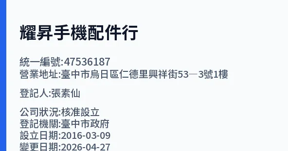 耀昇手機配件行的照片-統編 47536187(臺中市) 公司登記資料與營業項目詳細圖表
