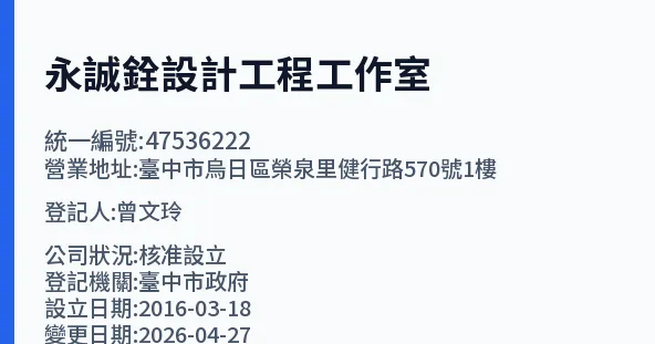 永誠銓設計工程工作室的照片-統編 47536222(臺中市) 公司登記資料與營業項目詳細圖表