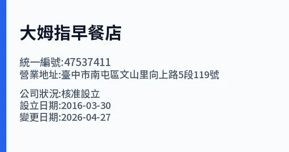 大姆指早餐店的照片-統編 47537411(臺中市) 公司登記資料與營業項目詳細圖表