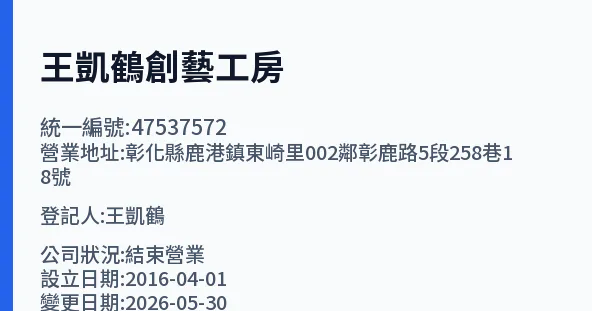 王凱鶴創藝工房的照片-統編 47537572(彰化縣) 公司登記資料與營業項目詳細圖表
