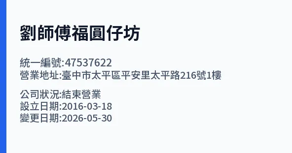 劉師傅福圓仔坊的照片-統編 47537622(臺中市) 公司登記資料與營業項目詳細圖表