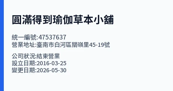 圓滿得到瑜伽草本小舖的照片-統編 47537637(臺南市) 公司登記資料與營業項目詳細圖表