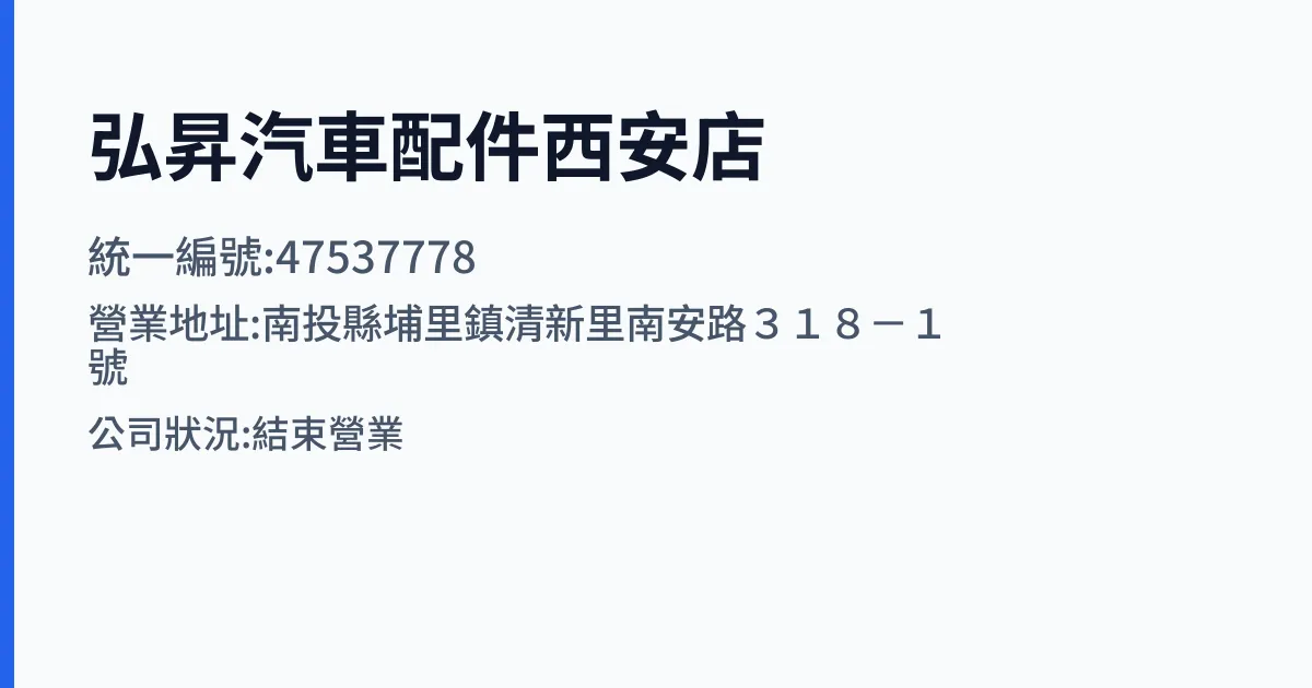 弘昇汽車配件西安店 - 統編 47537778(南投縣) 公司登記資料與營業項目詳細圖表