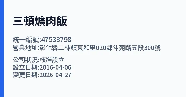 三頓爌肉飯的照片-統編 47538798(彰化縣) 公司登記資料與營業項目詳細圖表