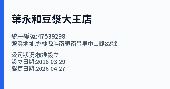 葉永和豆漿大王店的照片-統編 47539298(雲林縣) 公司登記資料與營業項目詳細圖表