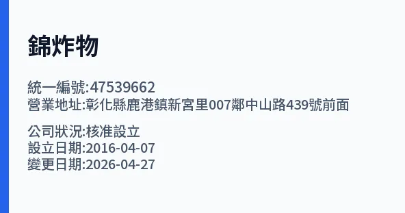 錦炸物的照片-統編 47539662(彰化縣) 公司登記資料與營業項目詳細圖表